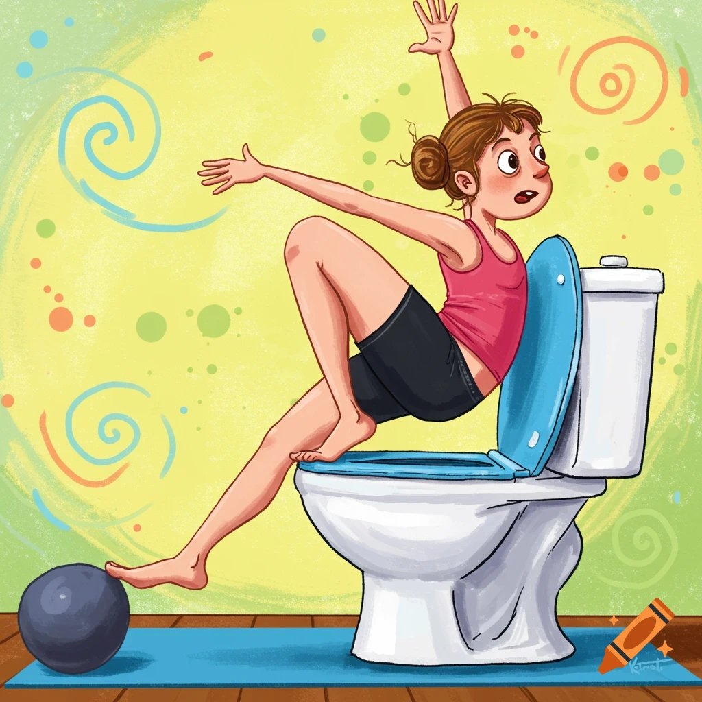 A cartoon illustration of a woman doing a balancing pose on a toilet ...