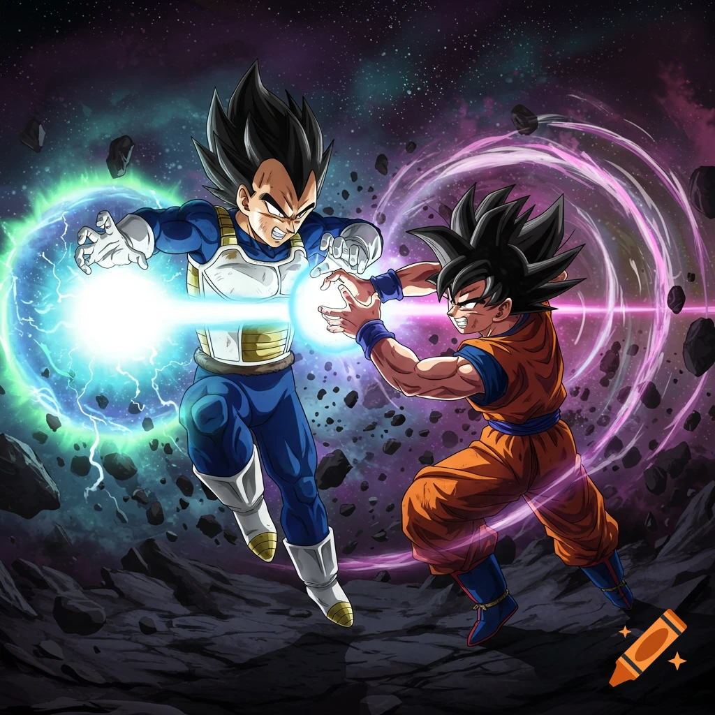 Several Dragon Balls with fiery and energy auras float in a starry ...