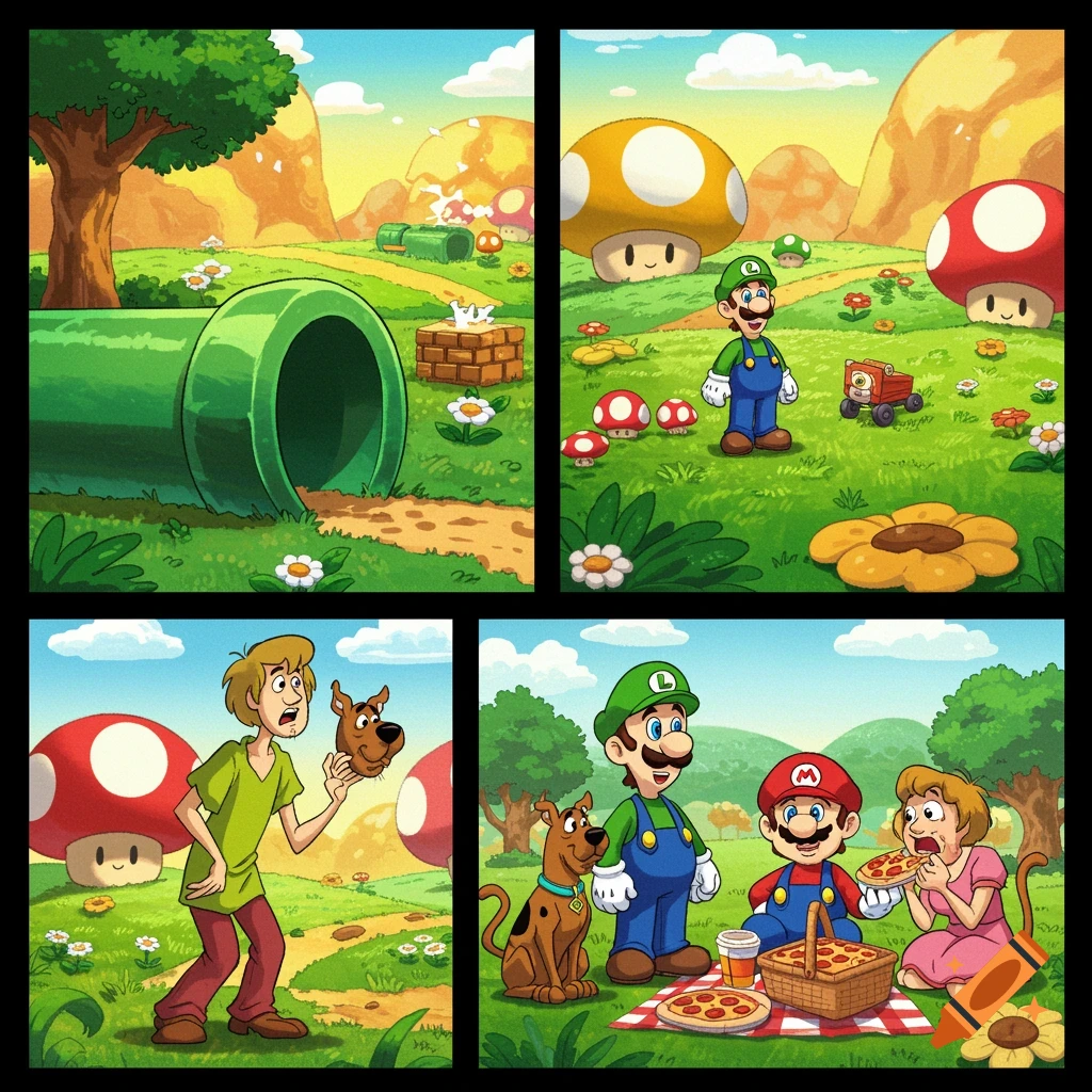Shaggy and Scooby Doo meet Mario and Luigi comic on Craiyon