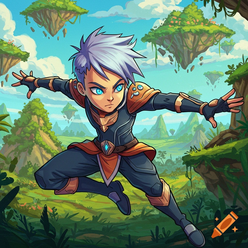 A fantasy character in black and orange armor jumping in a landscape ...