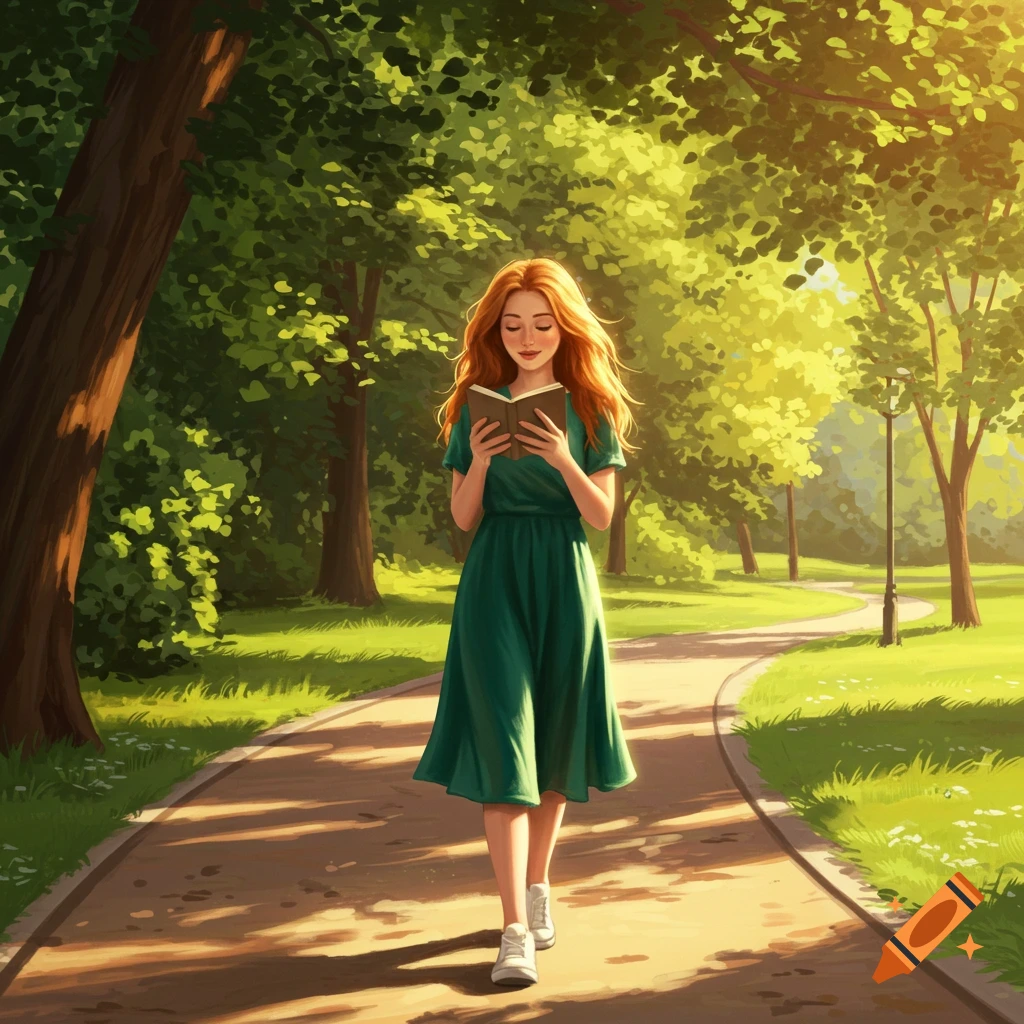 A woman in a green dress reads a book while walking on a sunny path in a park. on Craiyon