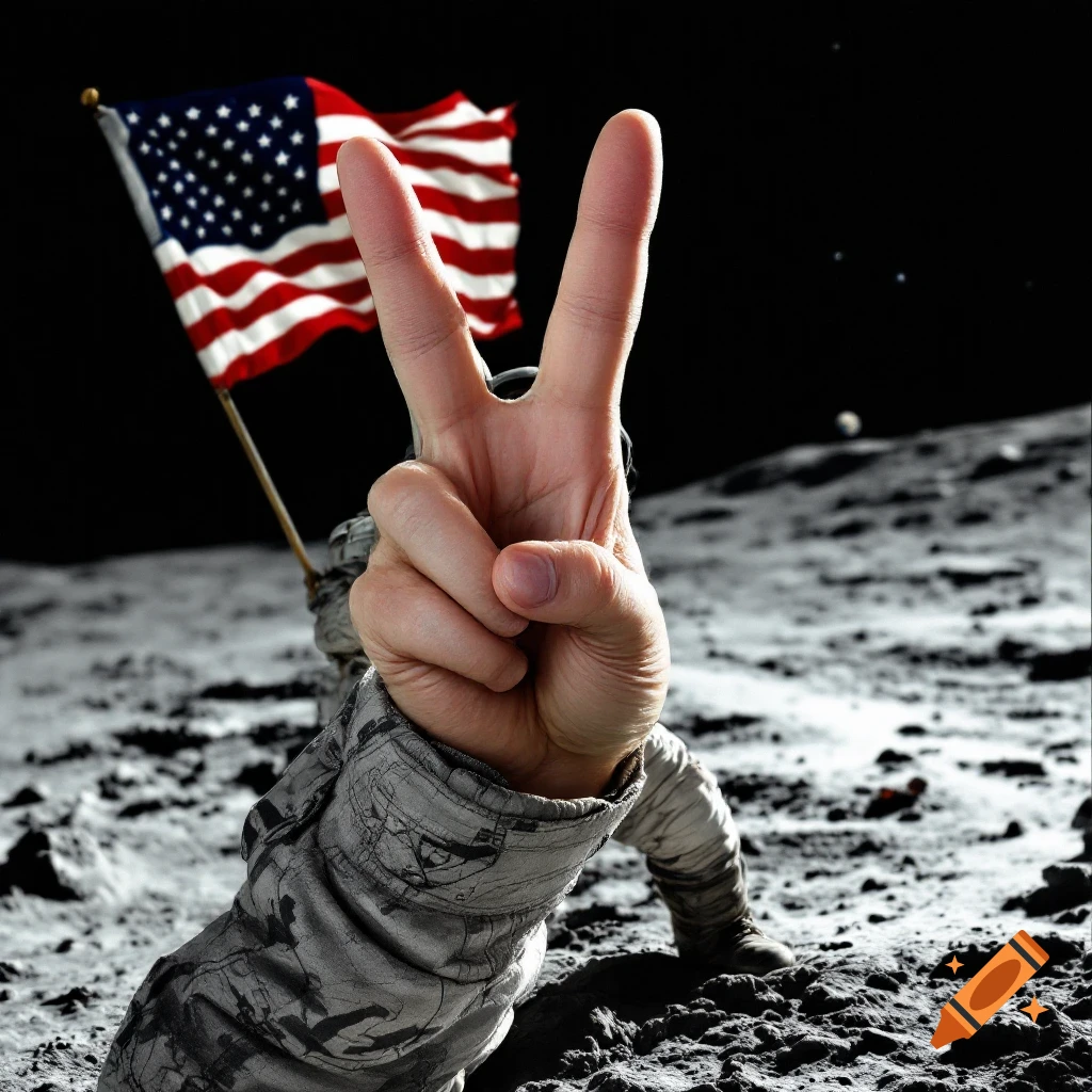 Astronaut on the moon with US flag making a peace sign on Craiyon