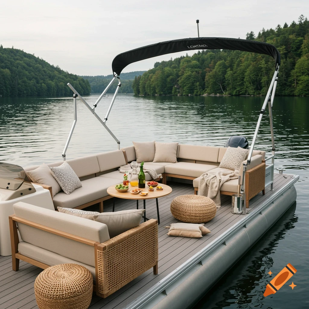 Luxury pontoon boat with high society guests enjoying cocktails and ...
