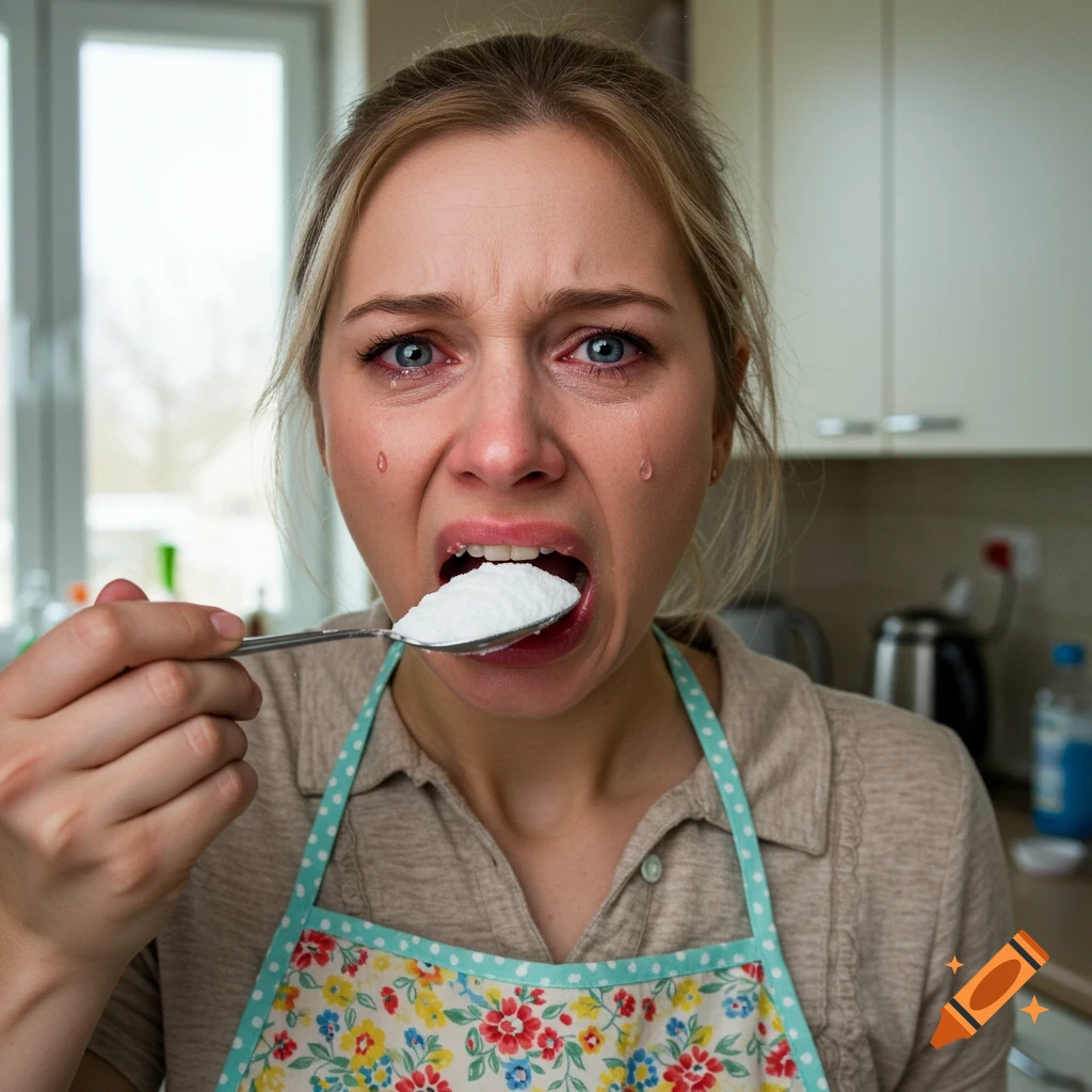 Woman crying and holding a spoon of white powder to her mouth in a ...