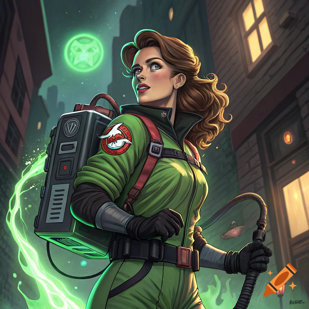 A woman in a green Ghostbusters jumpsuit with a proton pack stands in a ...
