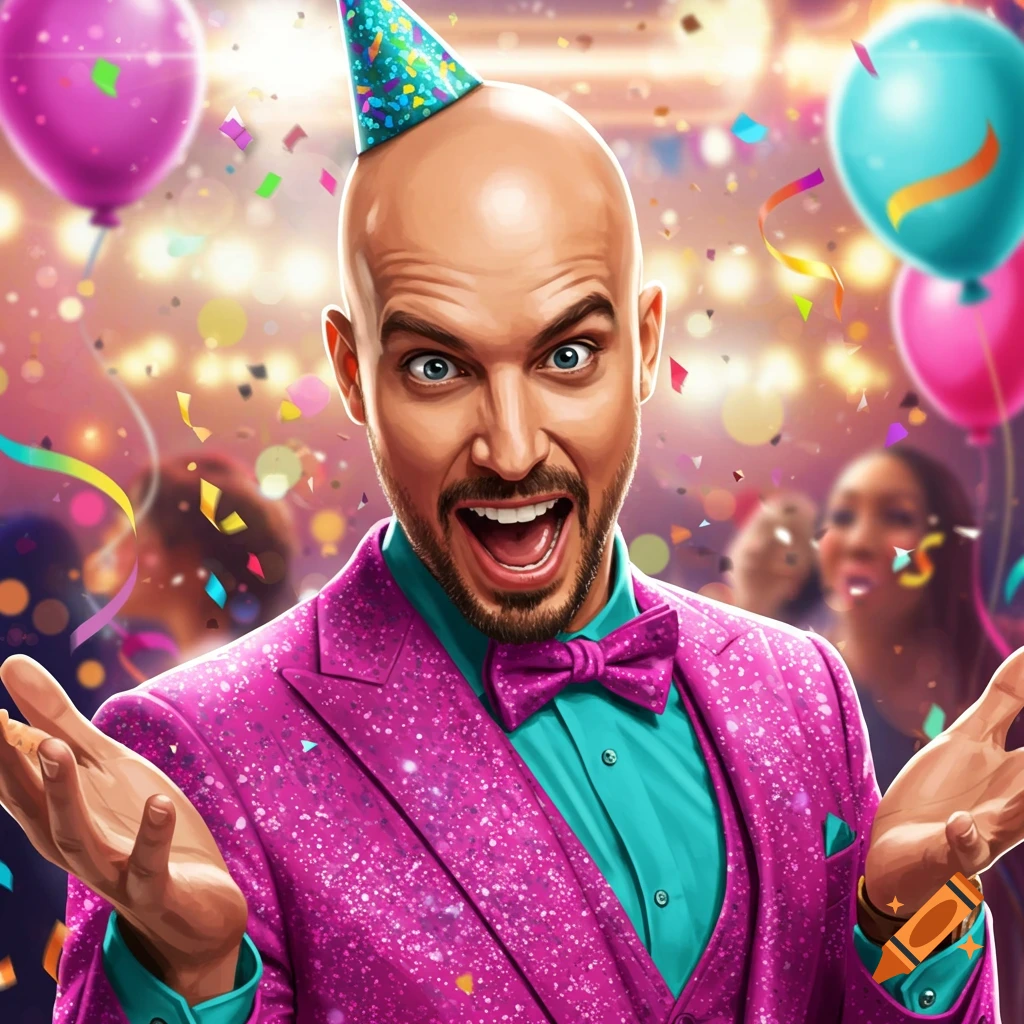 A bald man in a sparkly pink suit and party hat celebrates amidst ...