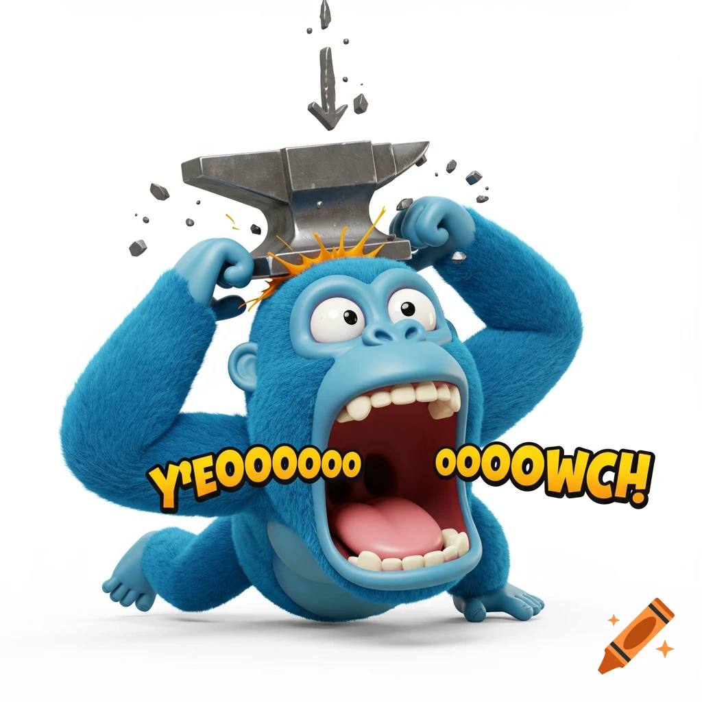 Gorilla Tag character getting hit by anvil cartoon illustration on Craiyon