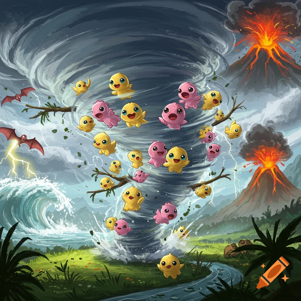 Cute dinosaurs in a tornado with other natural disasters present as ...
