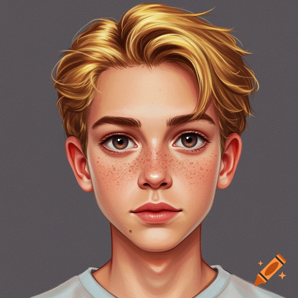 Illustration of a boy with golden blond hair and deep brown eyes on Craiyon