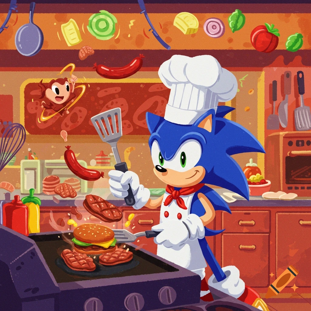 Cartoon of Sonic the Hedgehog dressed as a chef, cooking food on a ...