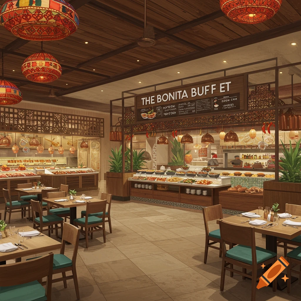 A dining area in a vibrant buffet restaurant with tables, chairs, and ...