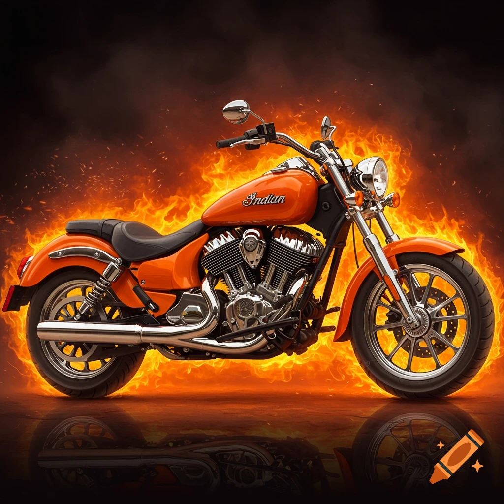 Orange and black Indian motorcycle with fire on Craiyon