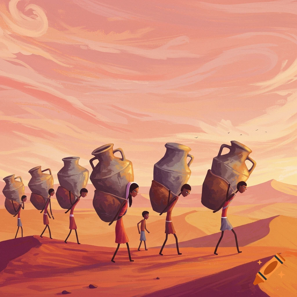 Stick figures carrying oversized water jugs on Craiyon