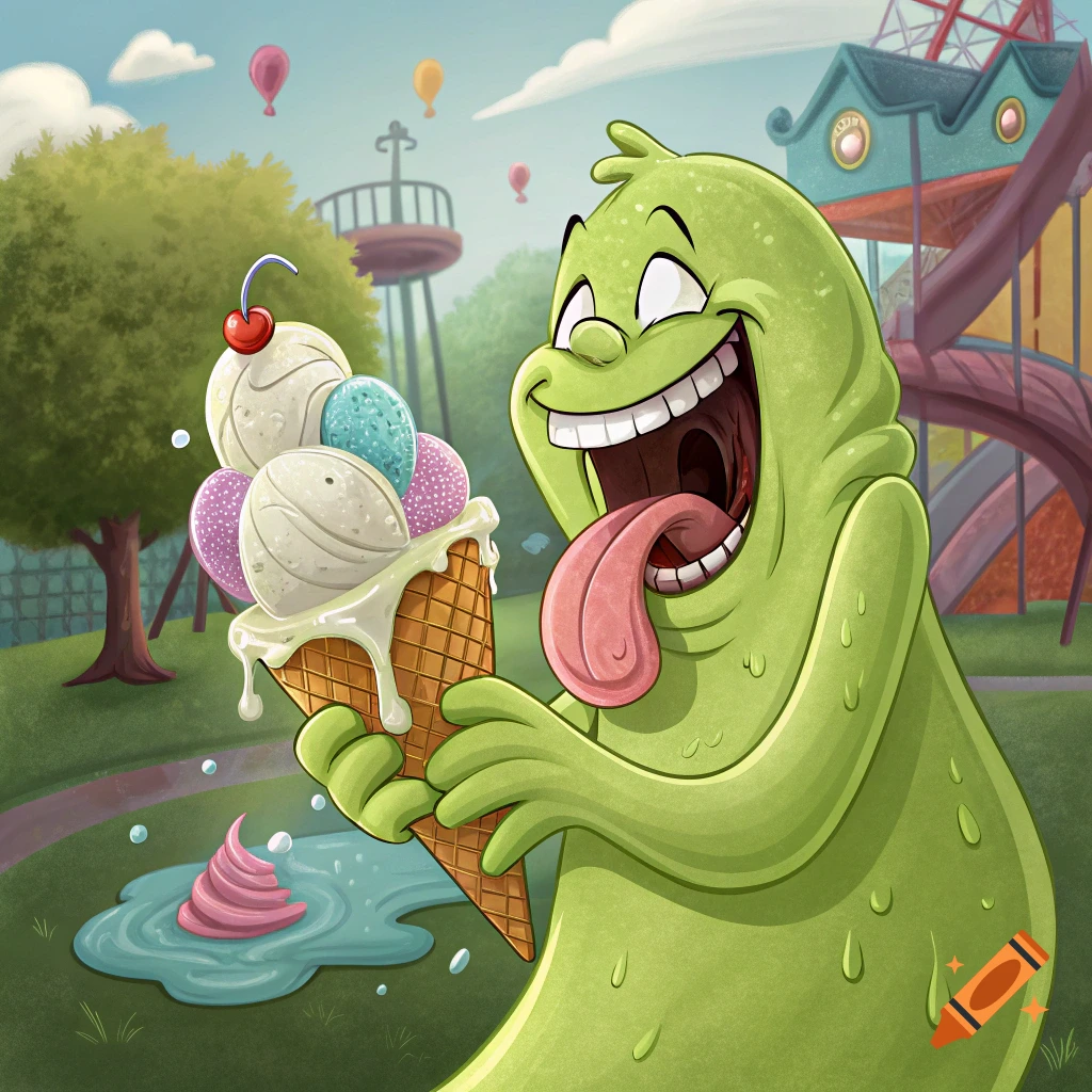 A messy green cartoon ghost joyfully eats a huge ice cream cone in a ...