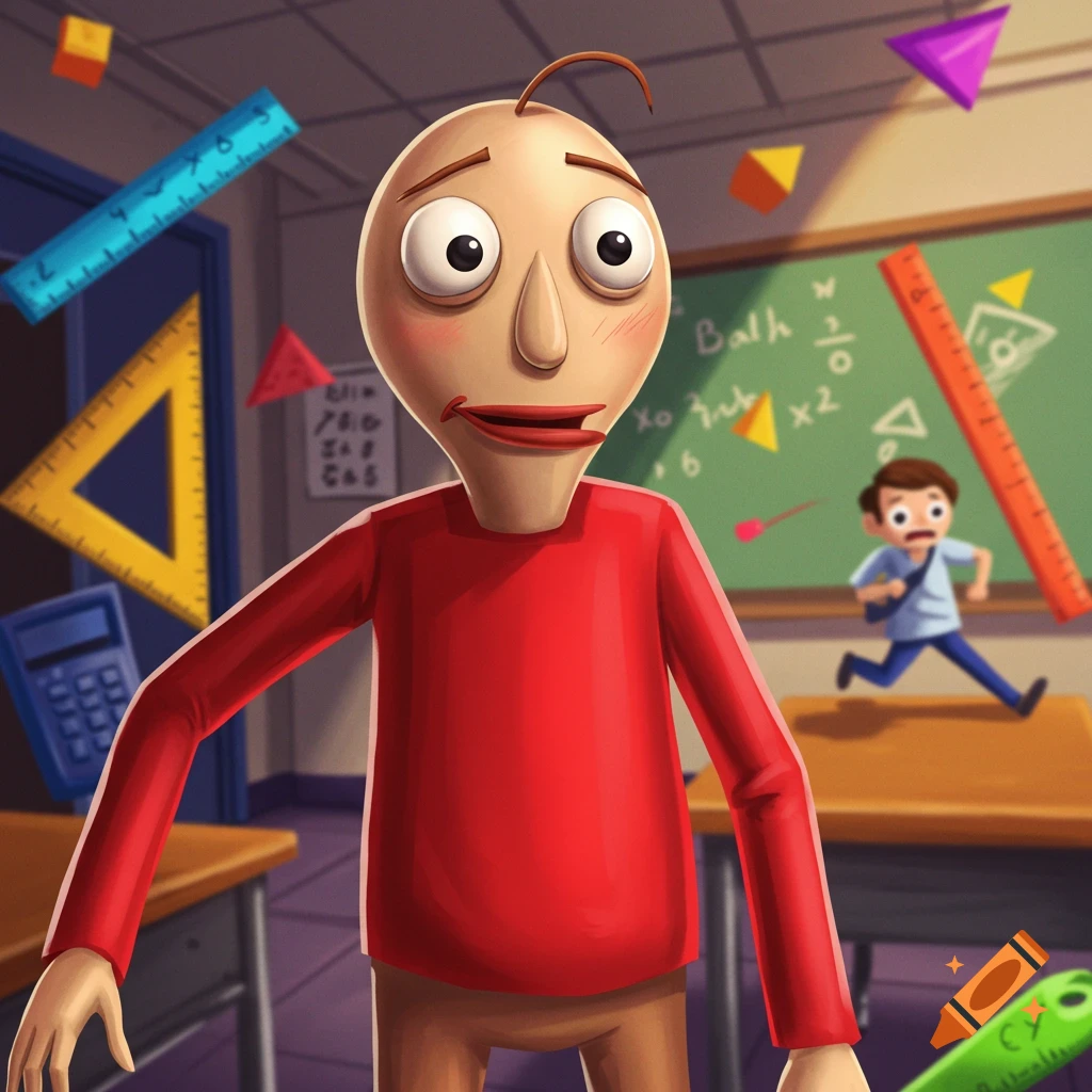 Baldi from Baldi's Basics holds a ruler in a street scene. on Craiyon