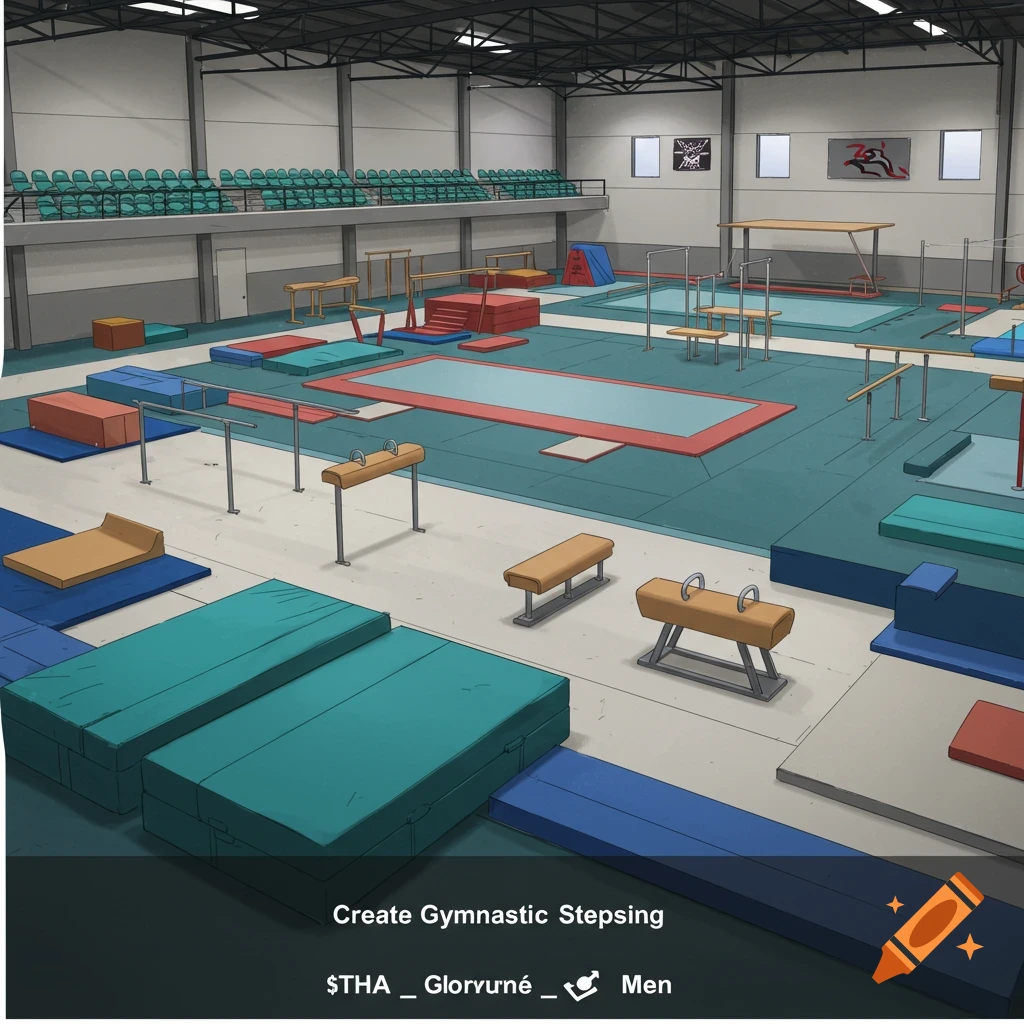 Gymnastics facility layout with floor, mats, balance beams, vault ...