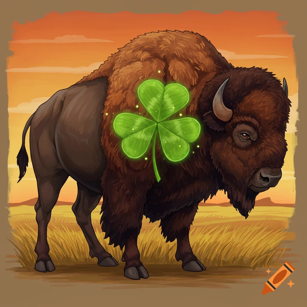 A bison with a shamrock on its side stands in a field at sunset. on Craiyon