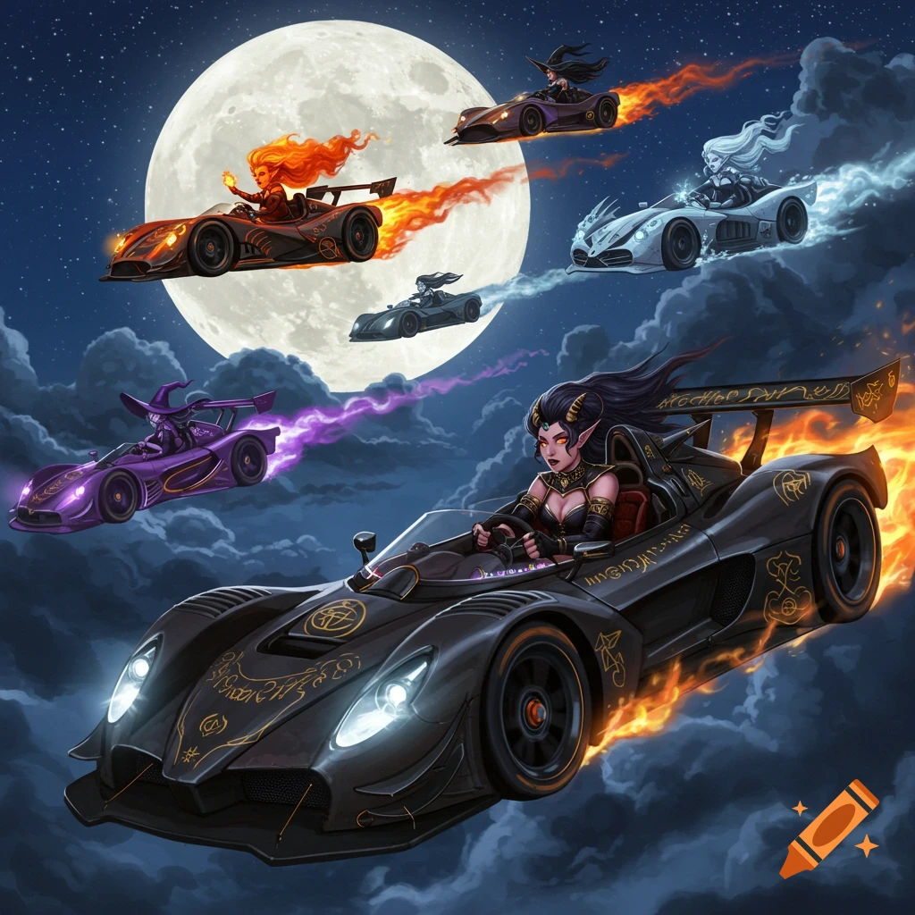 Witches racing enchanted cars in night sky, full moon on Craiyon