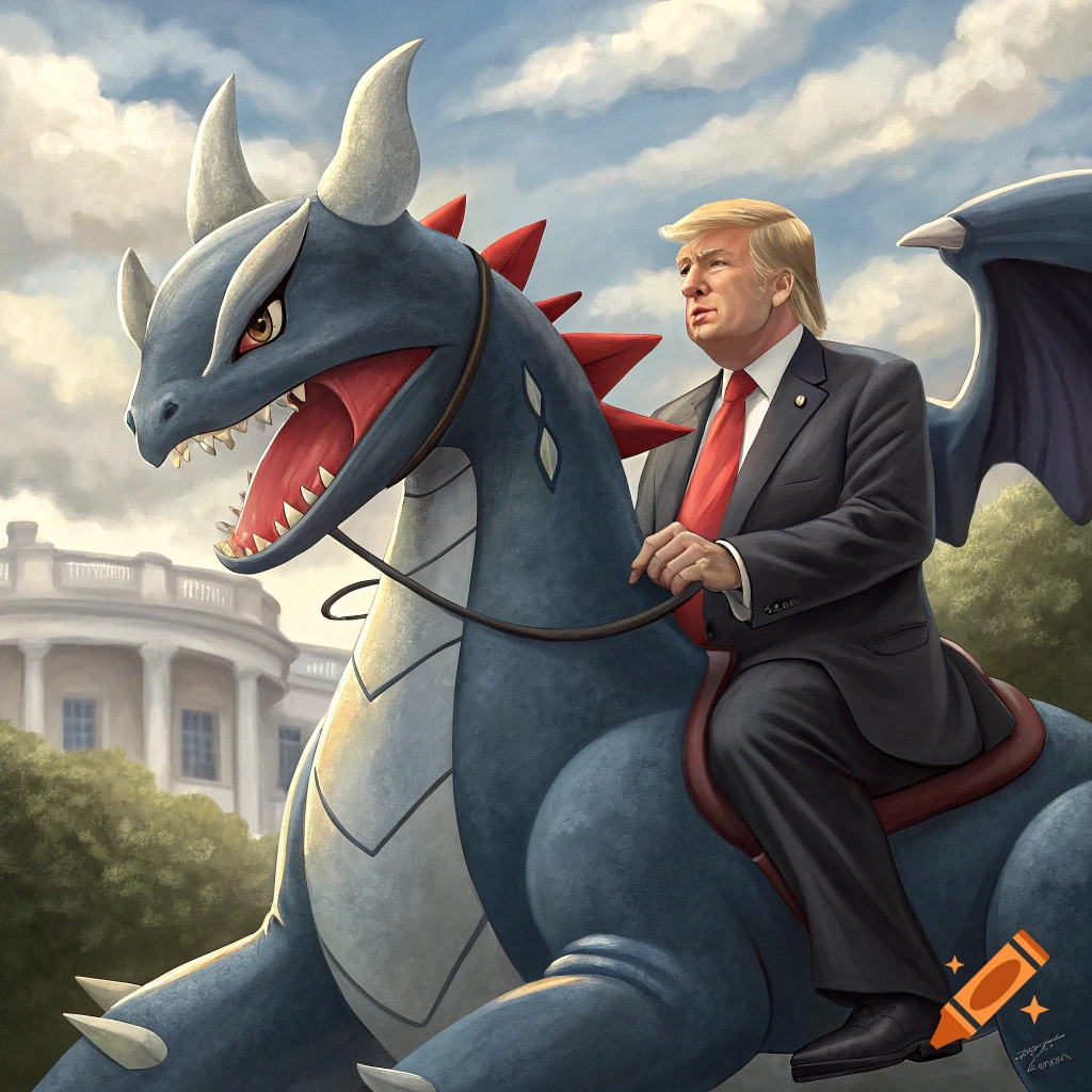 Donald Trump and a figure like the Statue of Liberty hold up torches in ...
