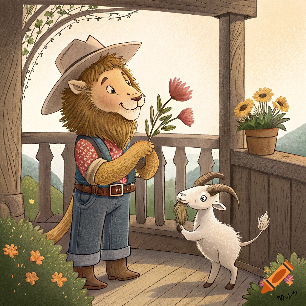 Lion cub cowboy serenading a baby goat on a balcony with flowers. on ...