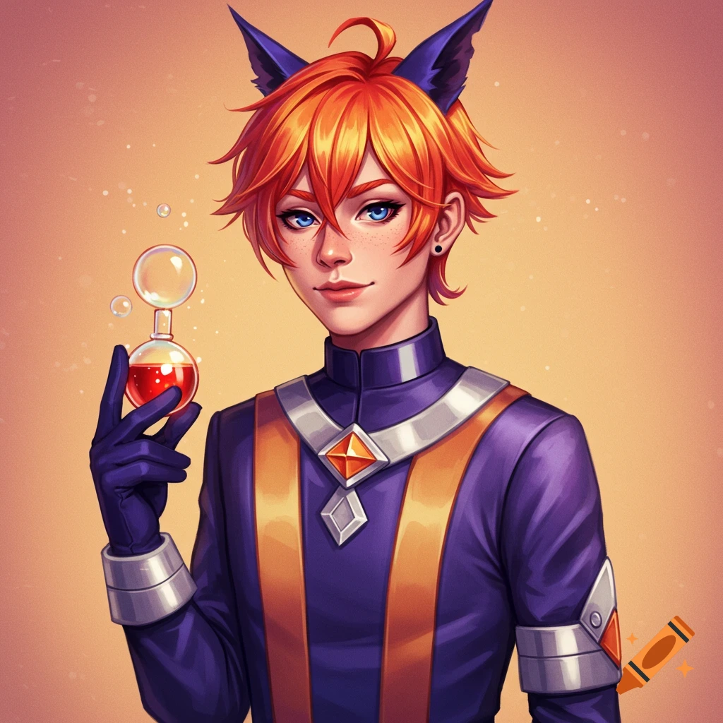 A character with orange hair and fox ears in a purple and orange ...