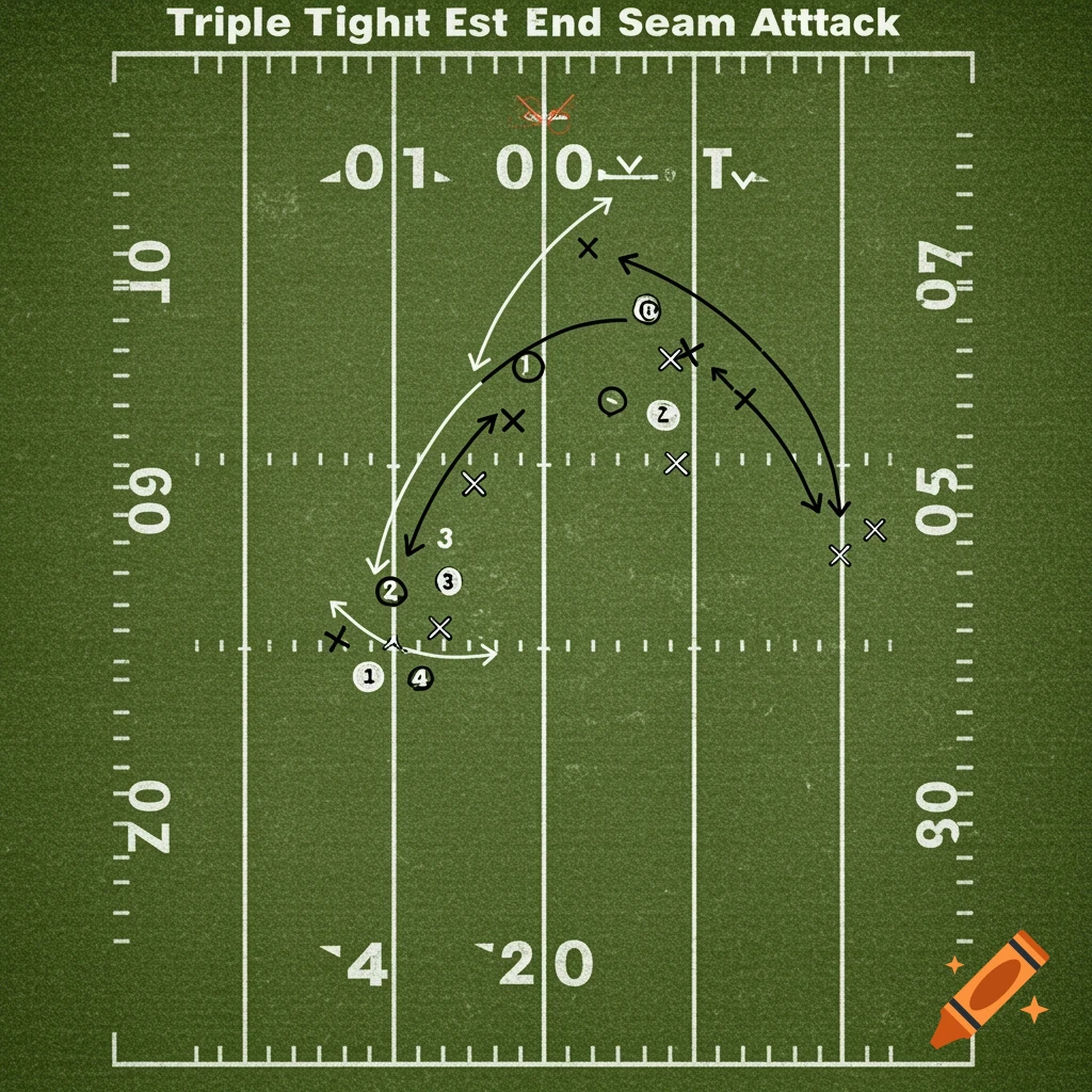 Football playbook diagram of a triple tight end seam attack on Craiyon