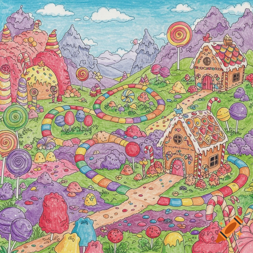 Candy Land coloring sheet with lollipop meadows and gingerbread houses on Craiyon
