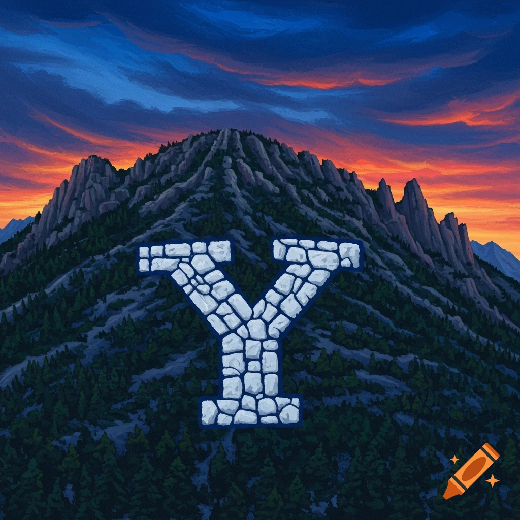 A large stone 'Y' is built into a tree-covered mountain slope under a ...