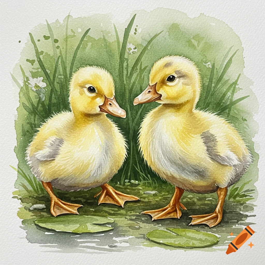 Watercolor painting of two ducklings on Craiyon