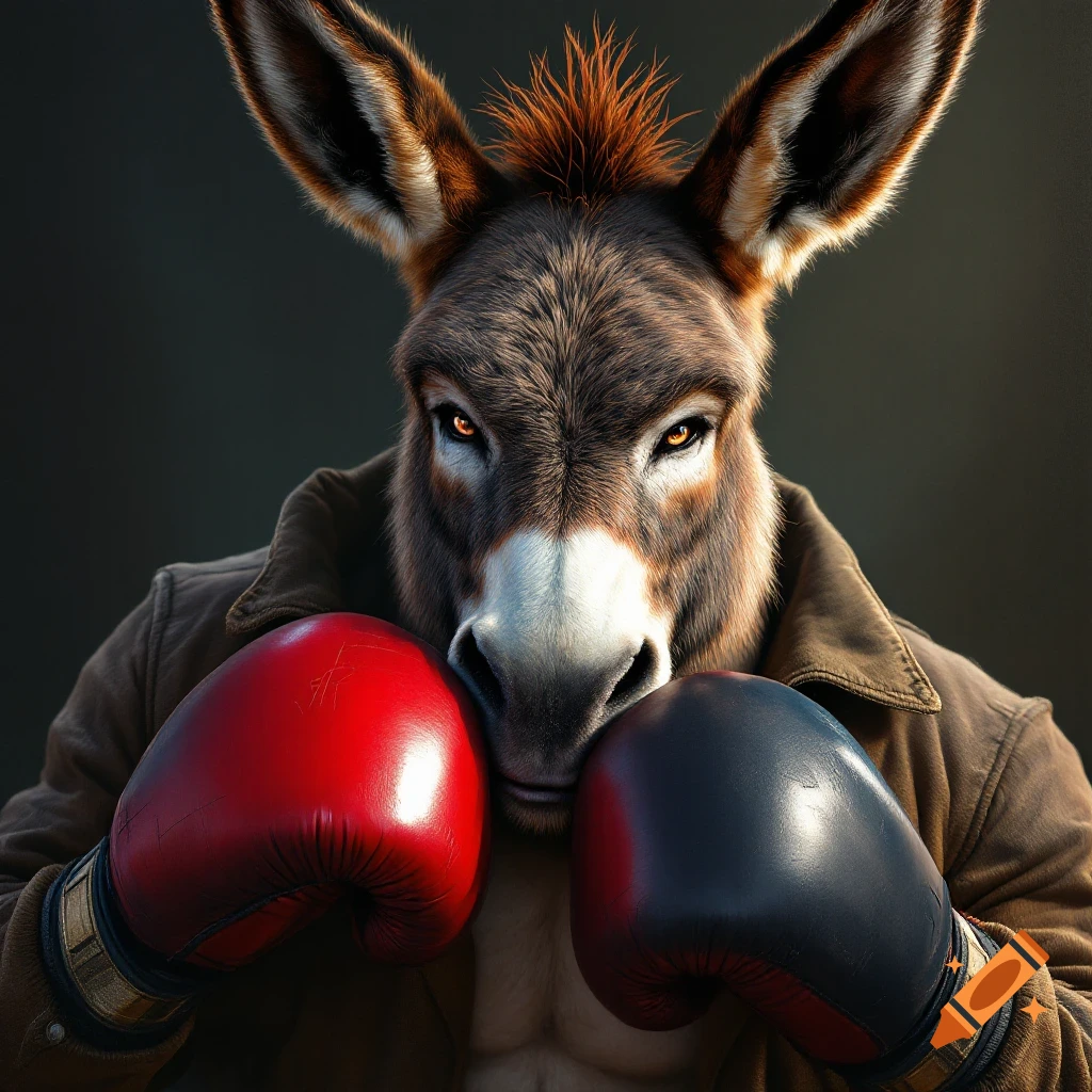 A donkey wearing boxing gloves and a jacket on Craiyon