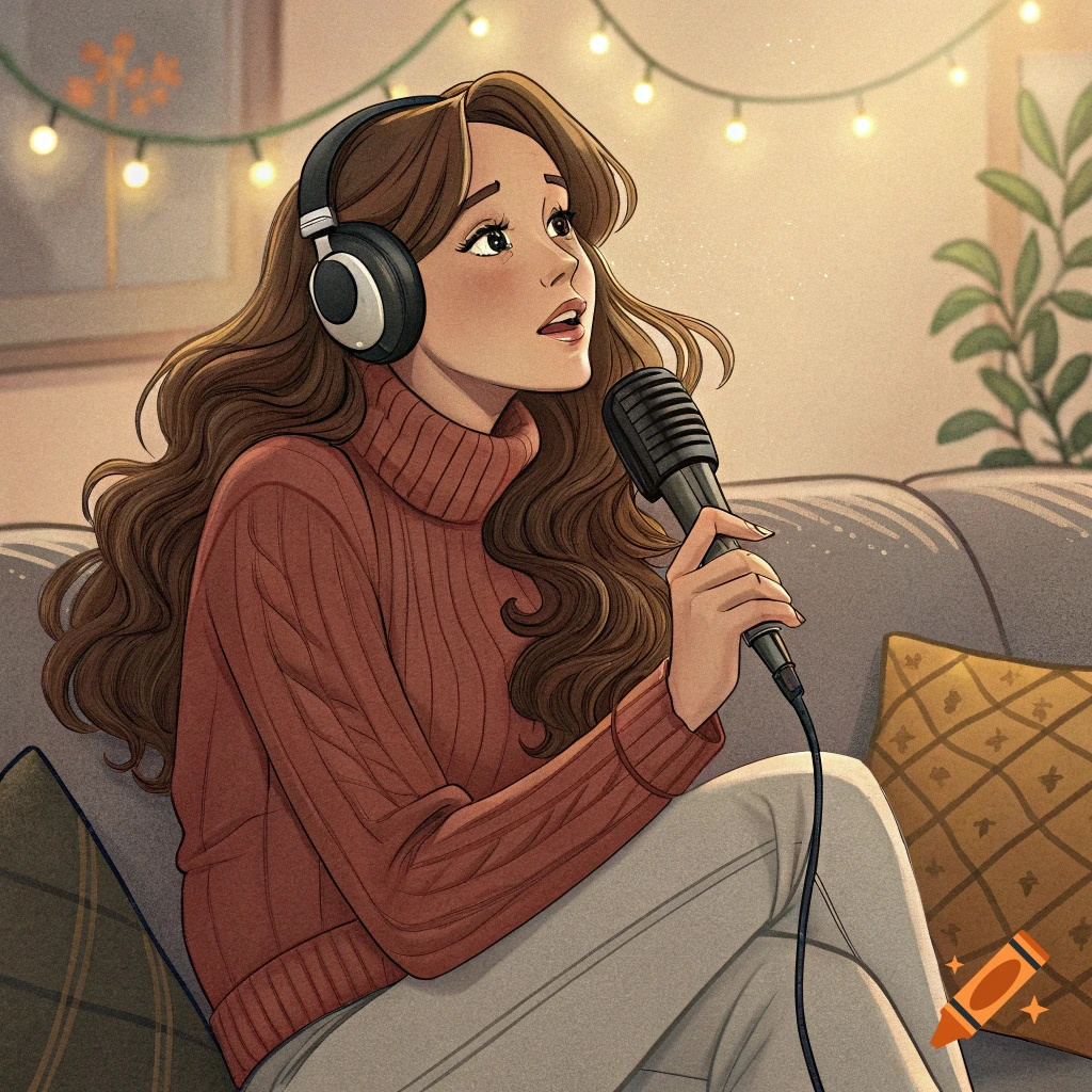 Animated image of Latin singer with headphones and microphone on couch ...