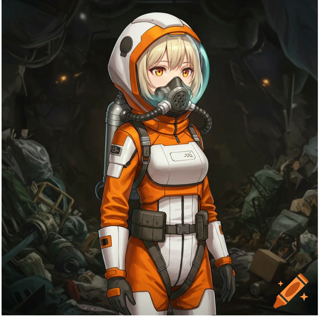 Anime girl in orange and white suit with oxygen tanks in underground ...