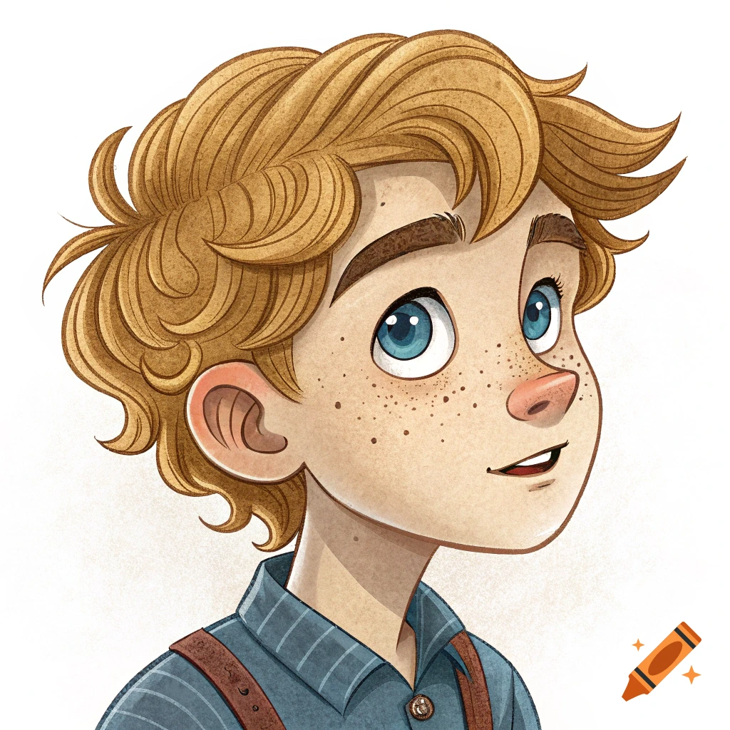 Male boy with golden brown hair, deep blue eyes, square face, freckles ...