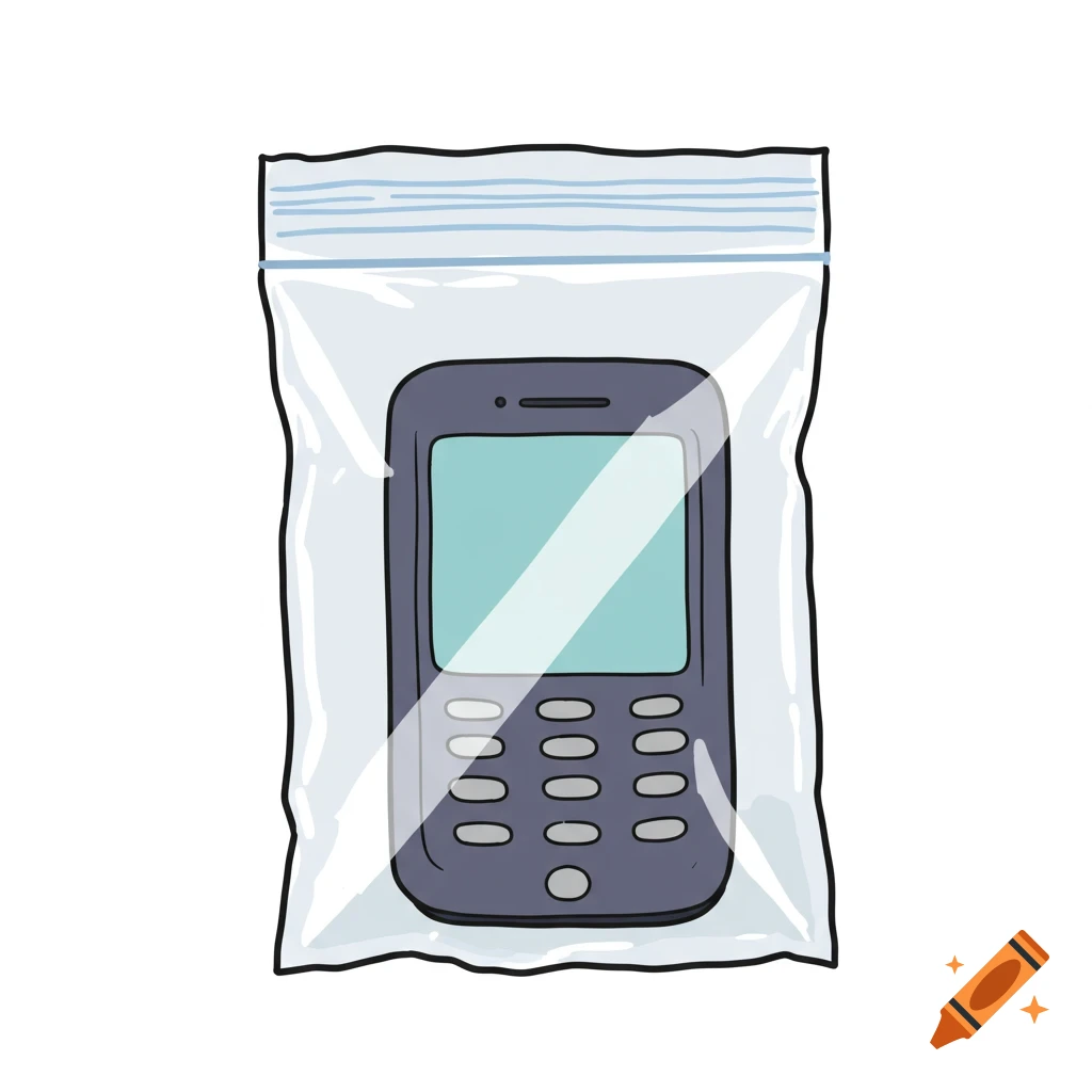 A simple cartoon drawing of a black cell phone in a clear zip-lock bag ...