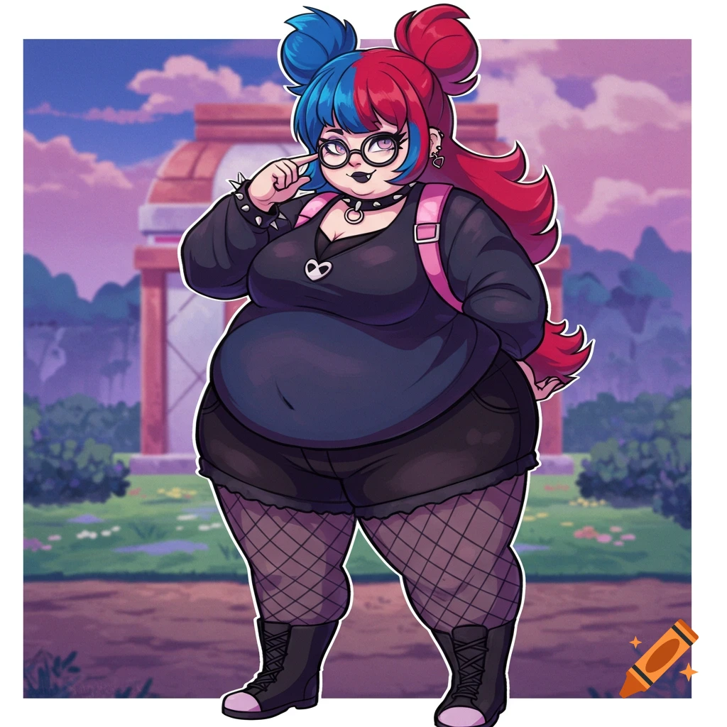 Anime illustration of a chubby character with split blue/red hair ...