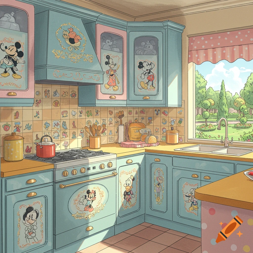 A cartoon illustration of a kitchen interior with a stove, fridge, sink ...