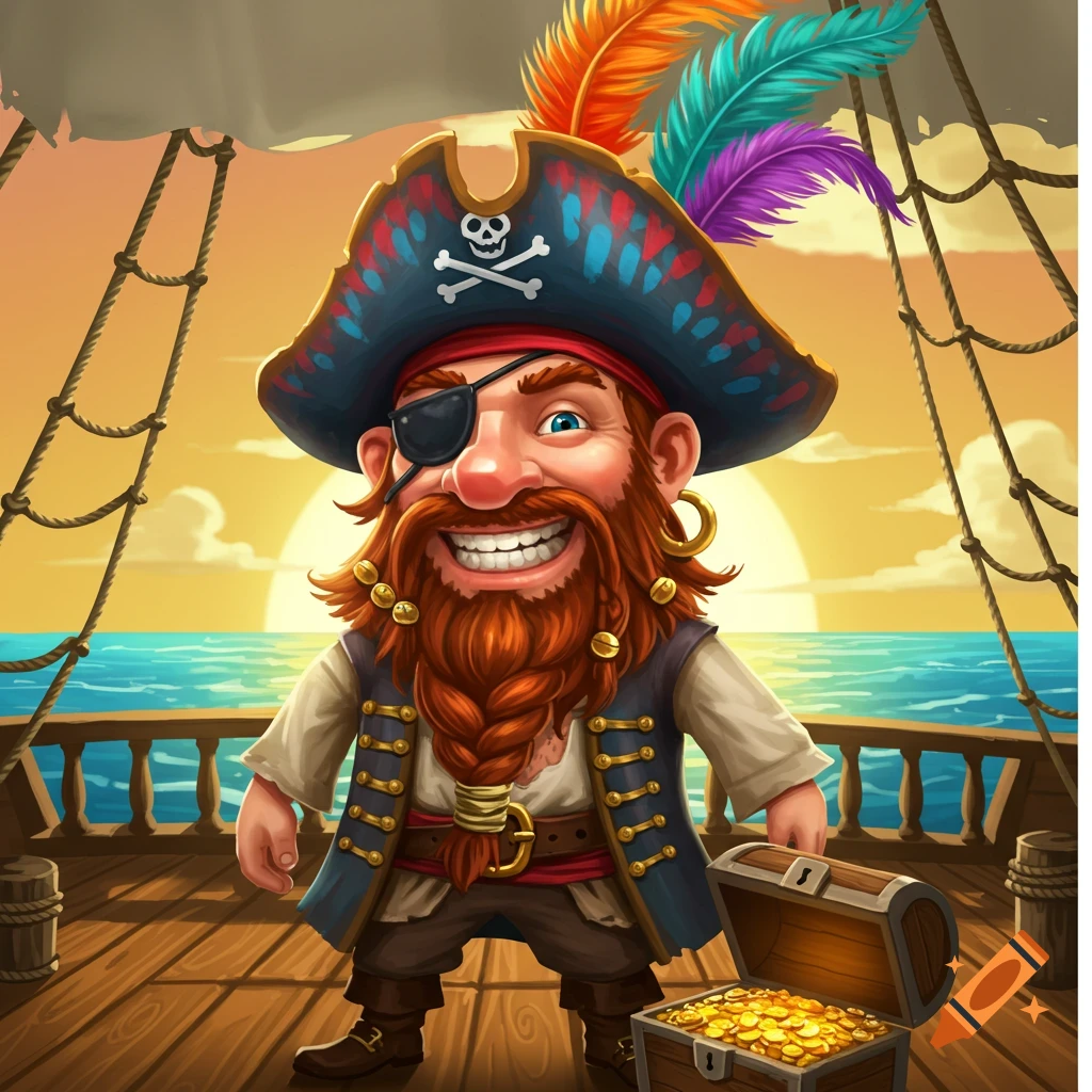 A cartoon pirate with an eye patch and braided beard stands on a ship ...