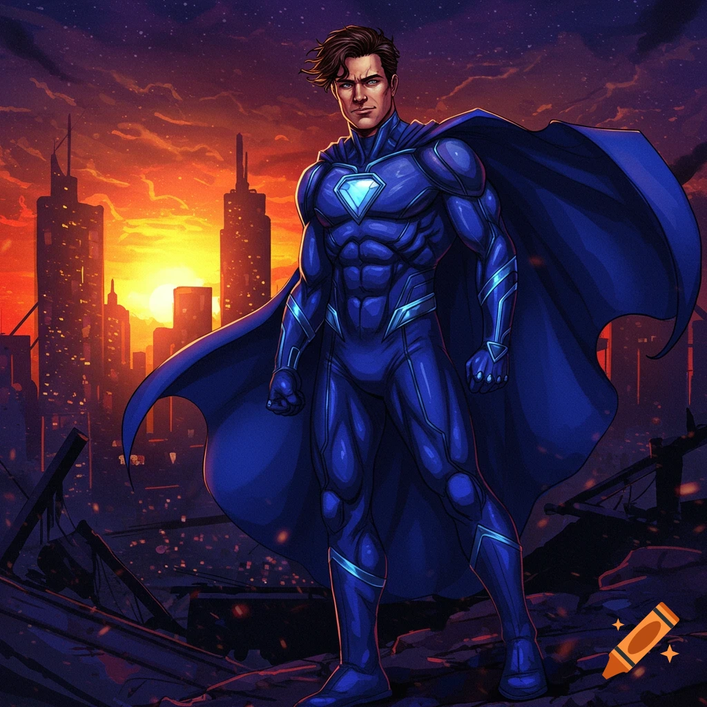 A male superhero in a blue and white suit with a cape and glowing eyes stands on a rooftop ...