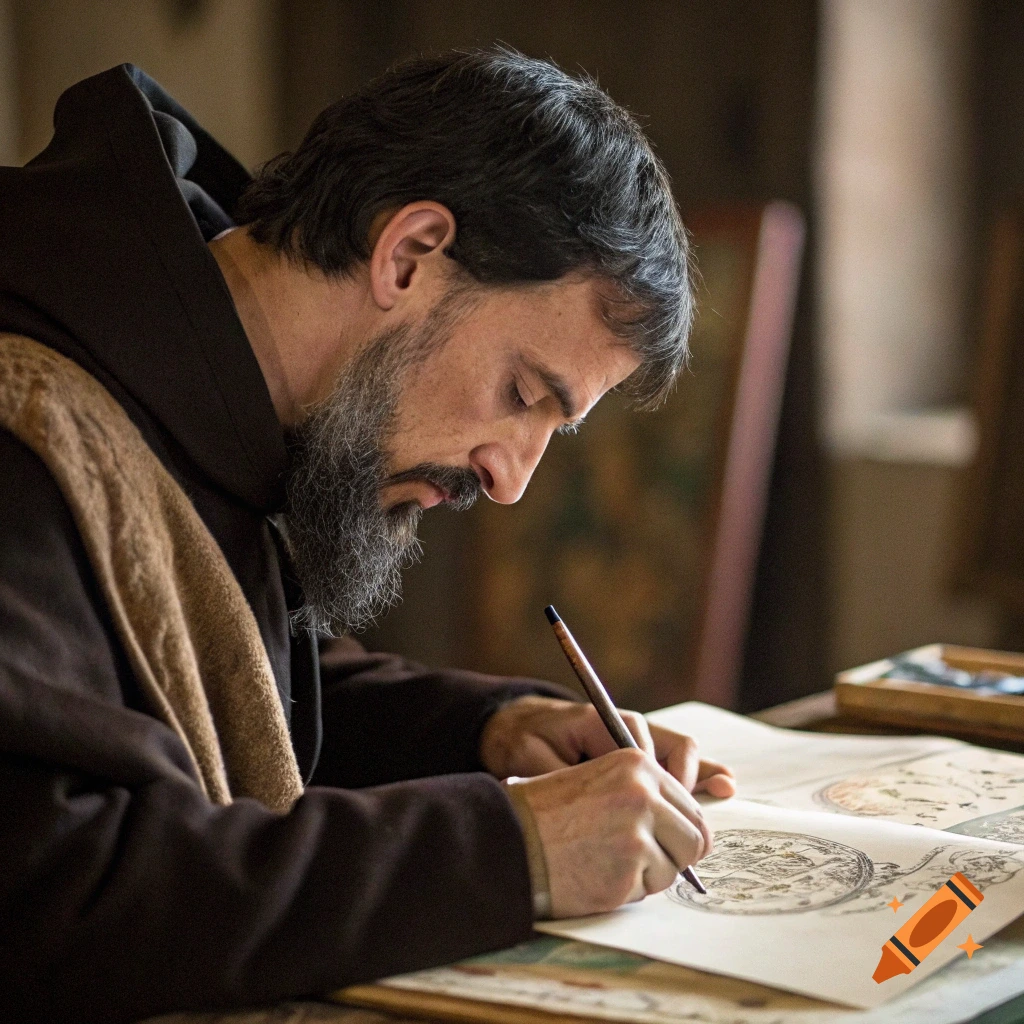 A man in a brown robe drawing in a book. on Craiyon