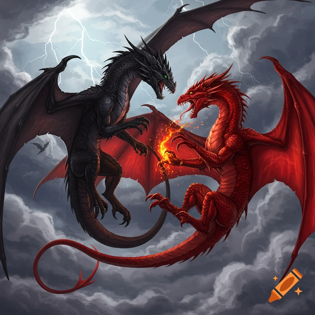 Dragon with demon horns, four wings, and three heads with red and black ...
