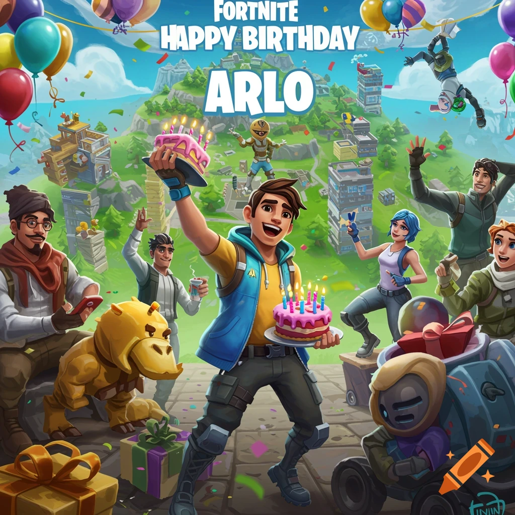 Cartoony depiction of Fortnite characters celebrating Arlo's birthday ...