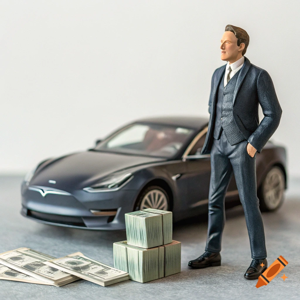 Elon Musk action figure with Tesla model and cash stack on Craiyon