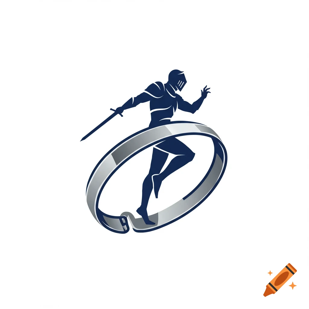 Blue silhouette of a knight with a sword leaping through a silver band ...