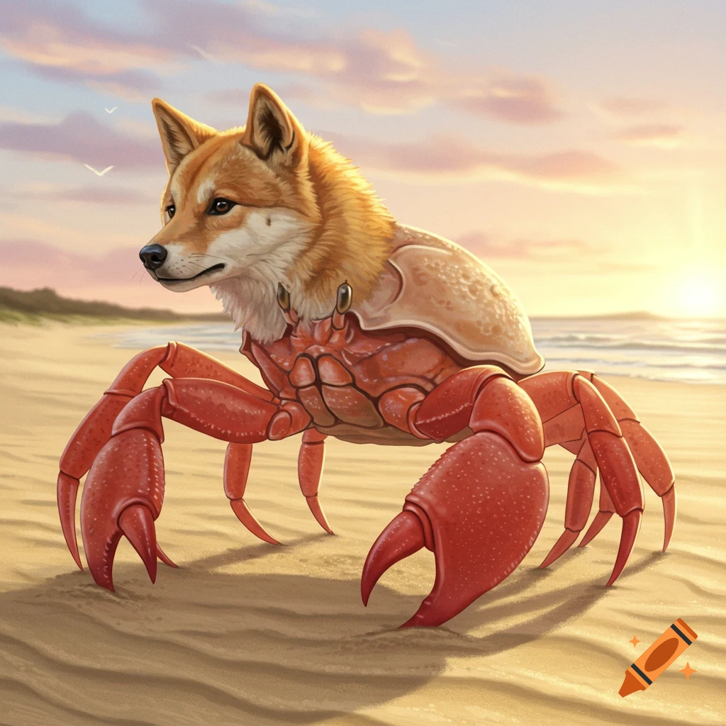 A cartoon-style blue crab wearing a white shirt holds up a hat on a sunny beach, digital art. on ...