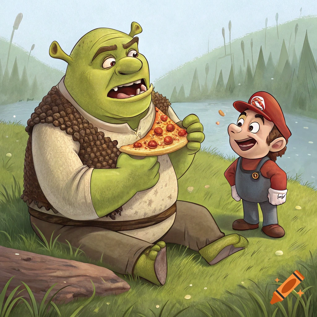 Shrek the ogre kisses Donkey in a fairytale swamp illustration. on Craiyon