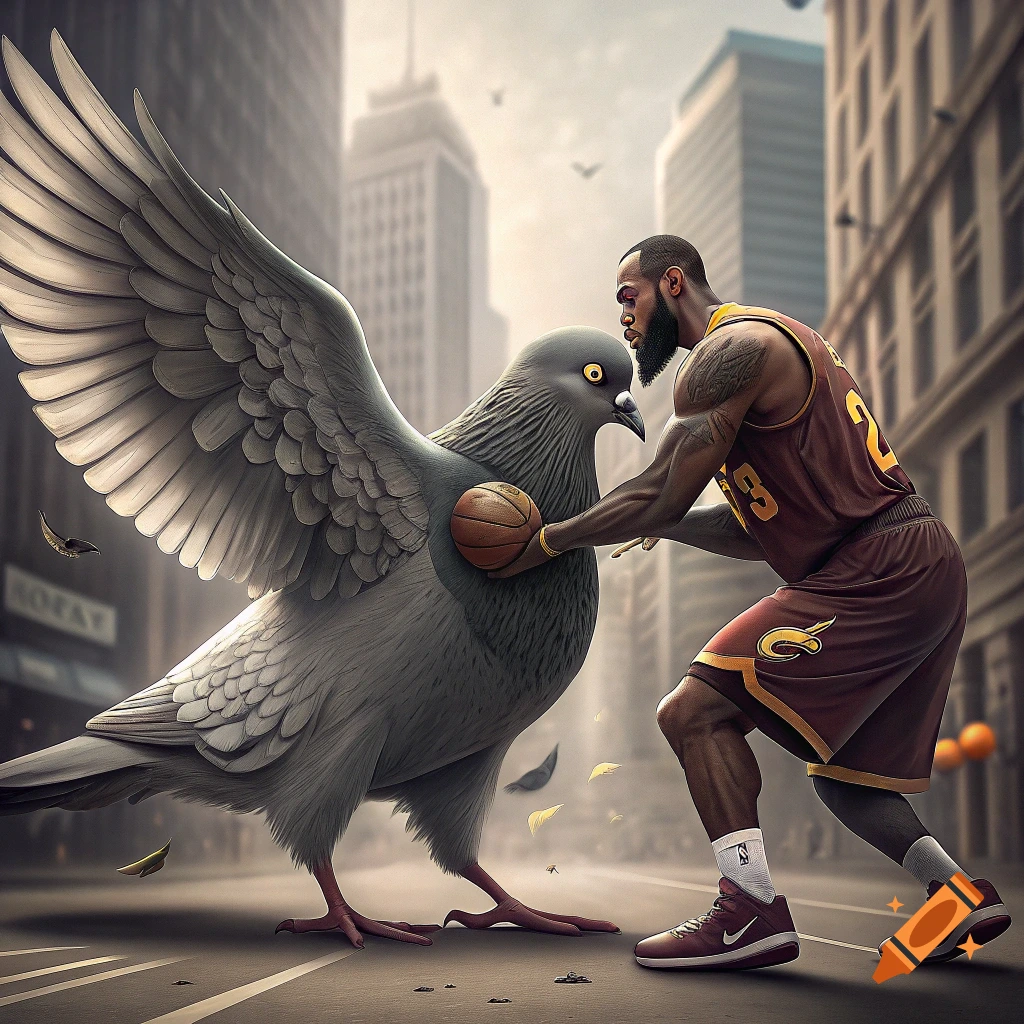 A man plays basketball against a giant pigeon with human arms in a city ...