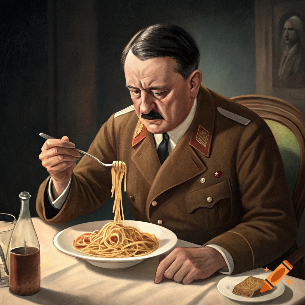 Adolf Hitler eating spaghetti with a fork at a table on Craiyon
