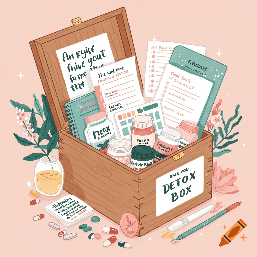 Detox box with supplements, affirmations, and journal on Craiyon