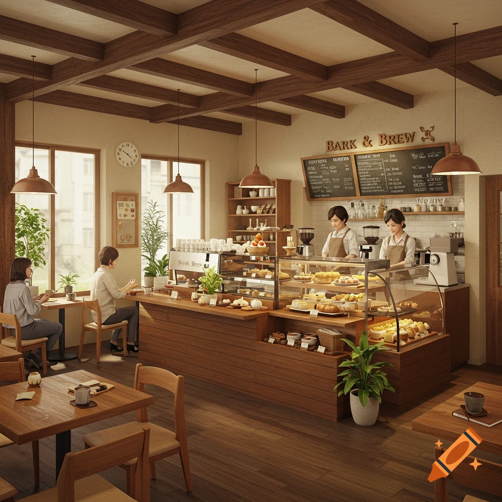 Cozy interiors of a cafe with seating and decor on Craiyon