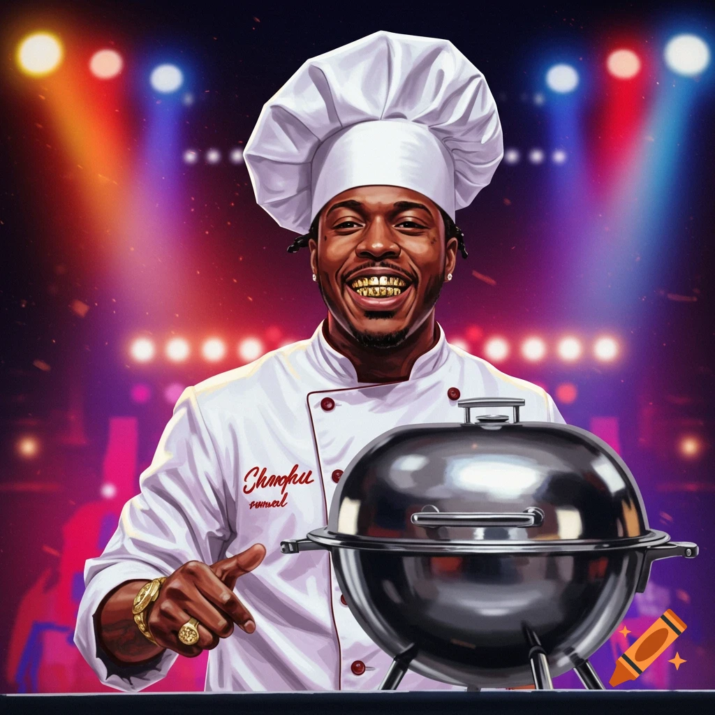 2pac smiling with a chef's hat and mustache in comic style on Craiyon